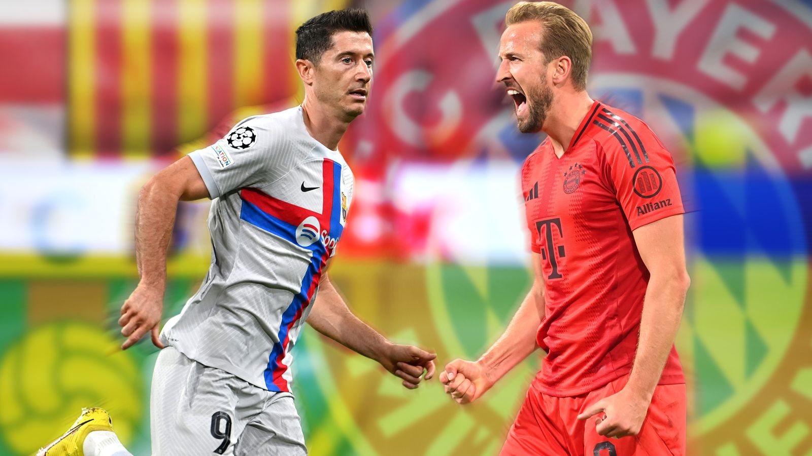 Robert Lewandowski vom FC Barcelona gegen Harry Kane vom FC Bayern ...